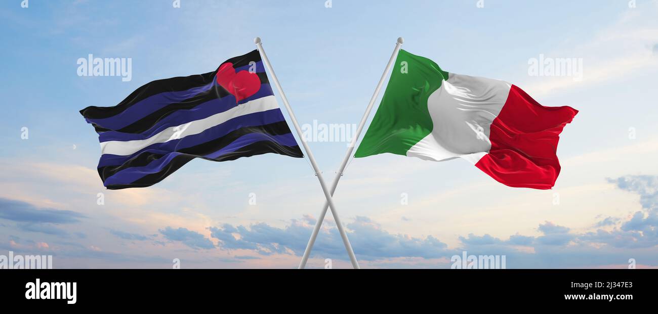 two crossed flags Leather, Latex and BDSM Pride and Italy waving in ...