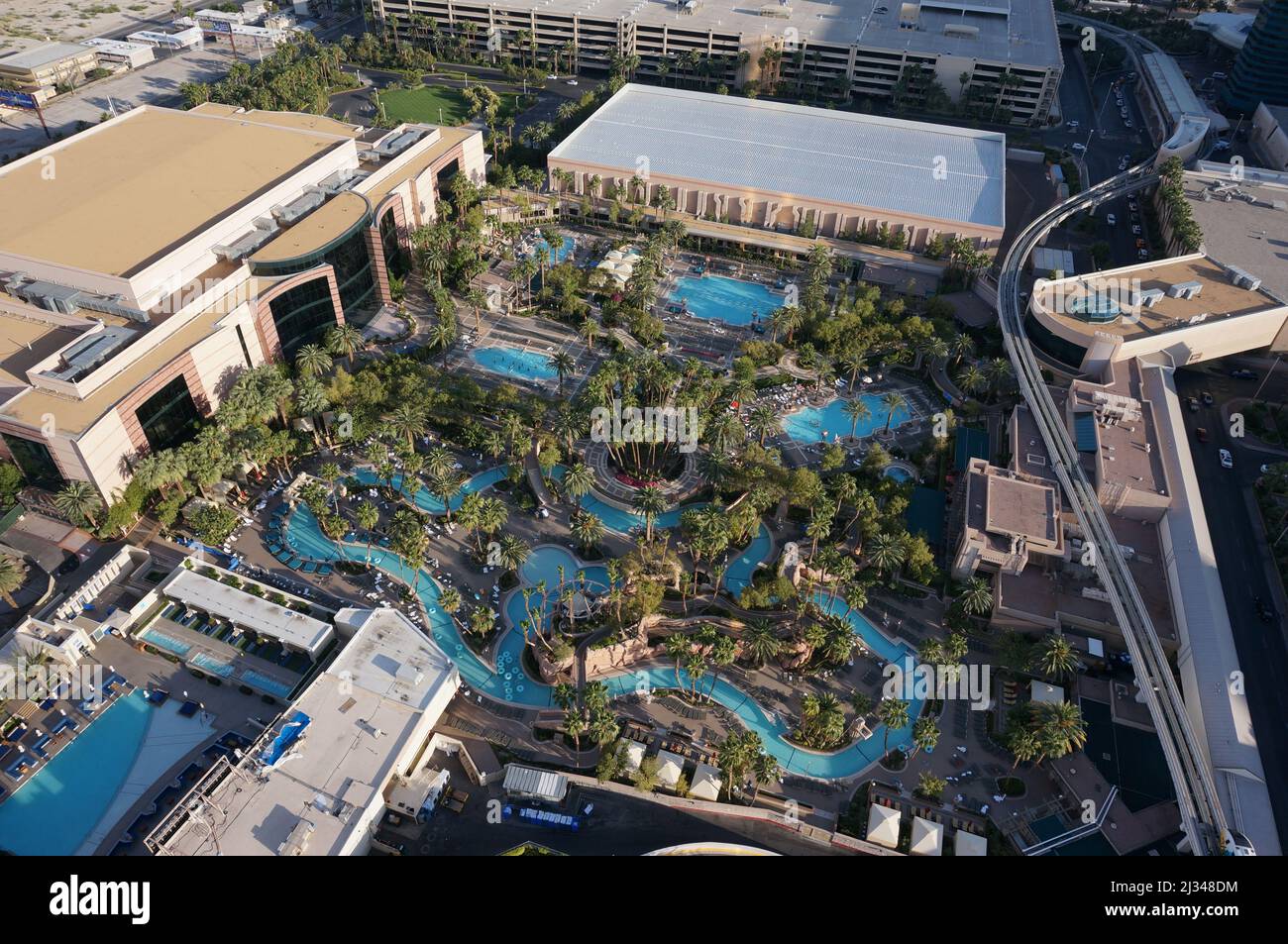 An aerial shot of the pool area of the MGM Grand Las Vegas from a hotel ...