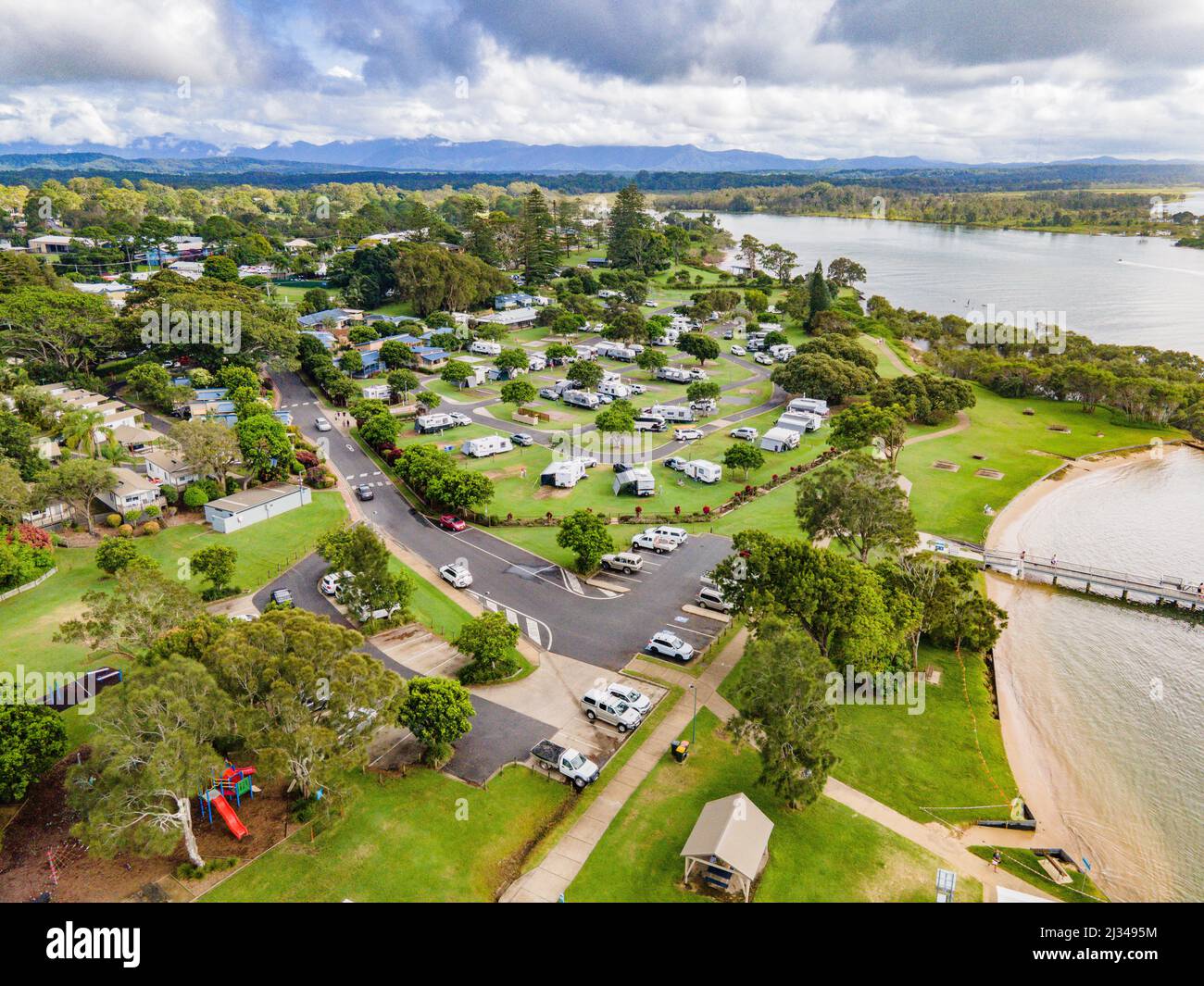 An aerial scenic view of the seaside Urunga town, NSW, Australia Stock ...
