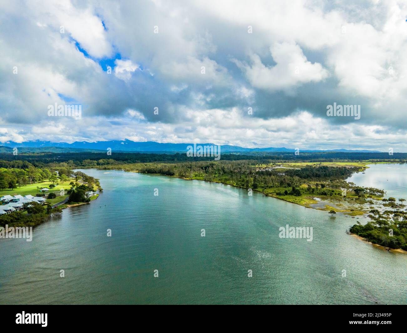 An aerial scenic view of the seaside Urunga town, NSW, Australia Stock ...