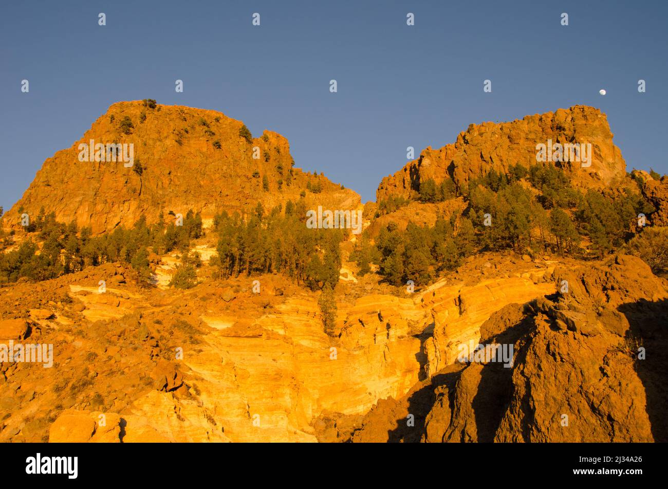 Landscape with rocky cliffs and moon. Vilaflor. Tenerife. Canary ...