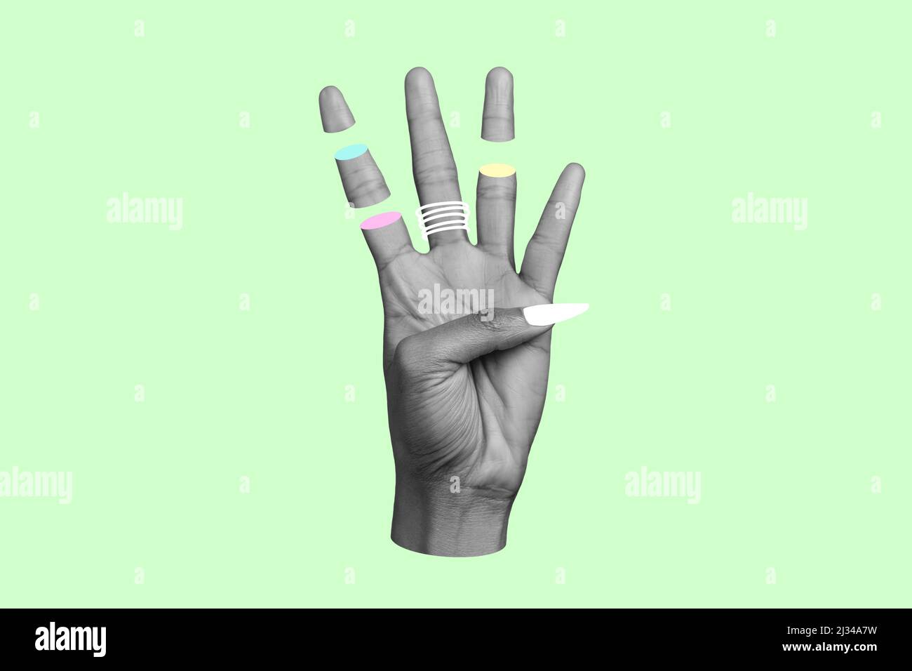 Photo picture on bright cartoon trendy background big hand with ...