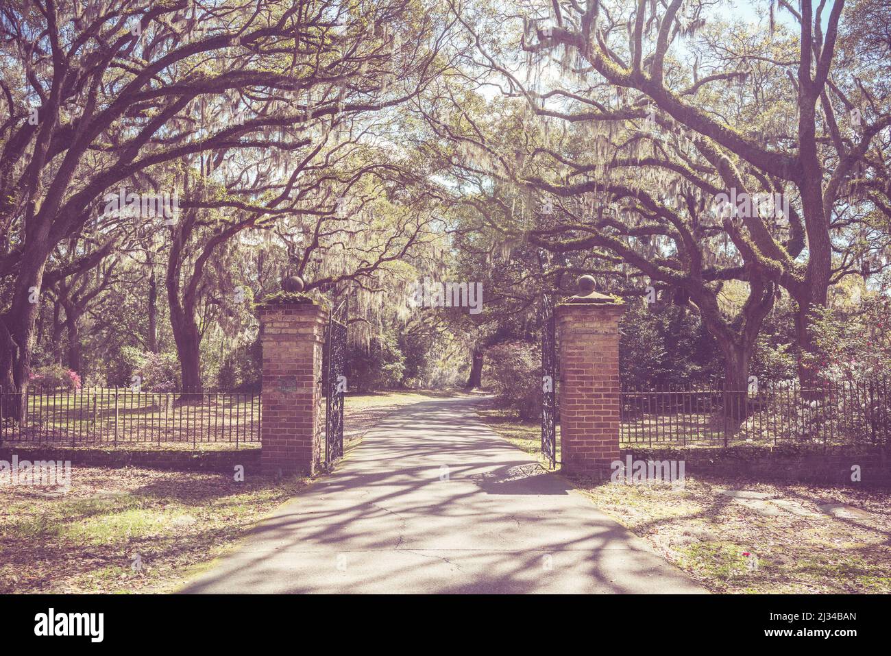 springtime landscape with estate garden gate Stock Photo - Alamy