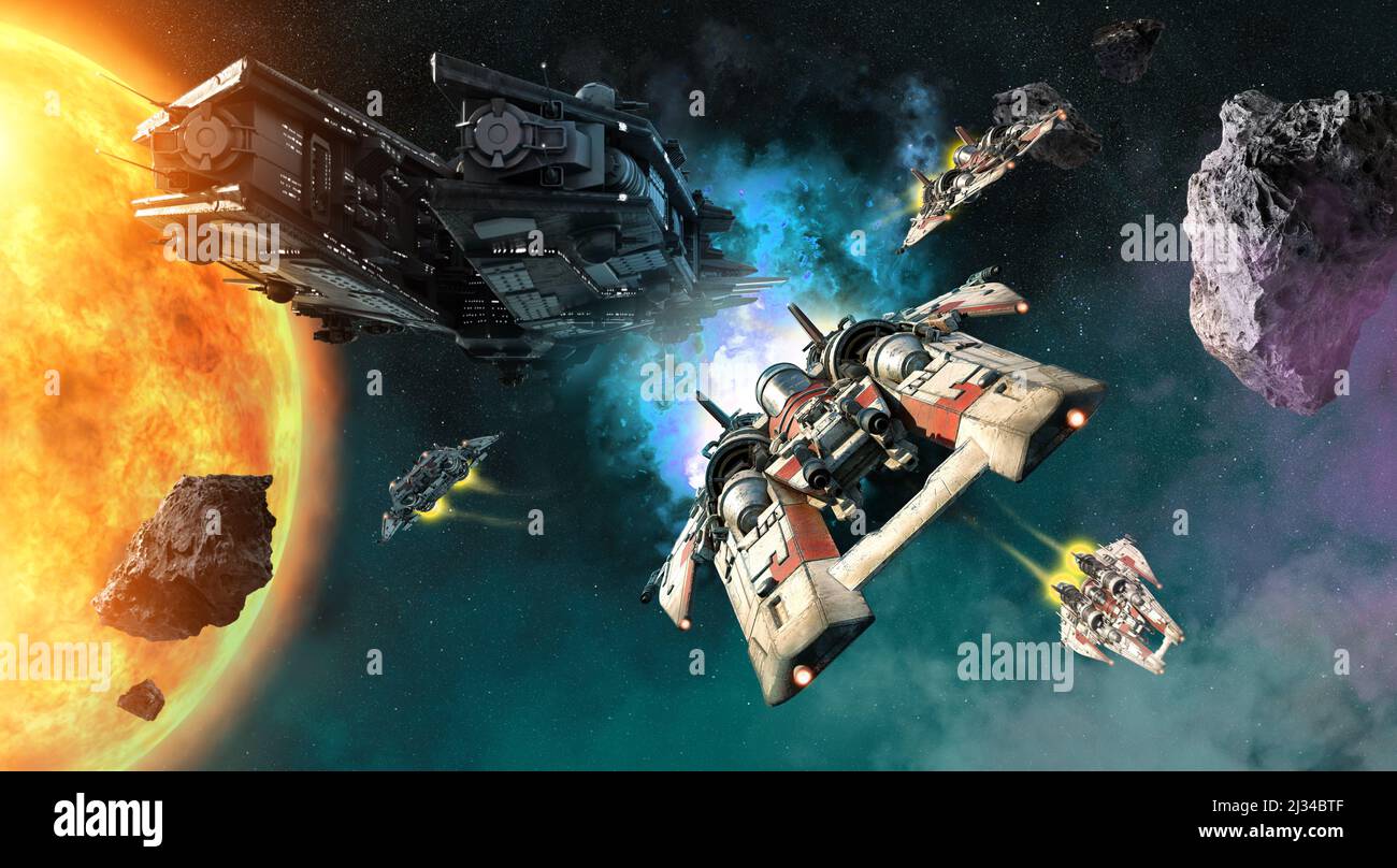 space fighters and mother ship 3D illustration Stock Photo - Alamy