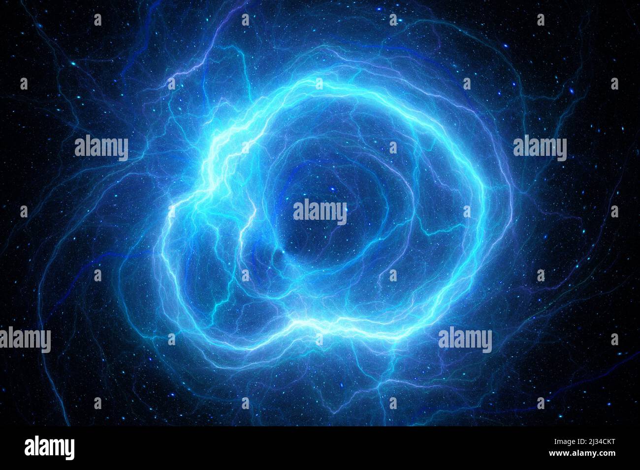 Blue glowing circular plasma lightning in space, computer generated ...