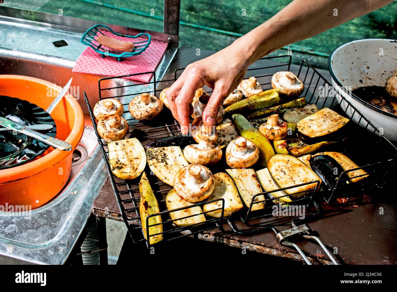 Grilled vegetables. Grill on a picnic. Food on an open fire. Zucchini ...
