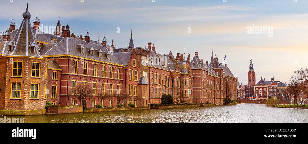 Sunset on the Binnenhof building and The Hague city and the pond ...