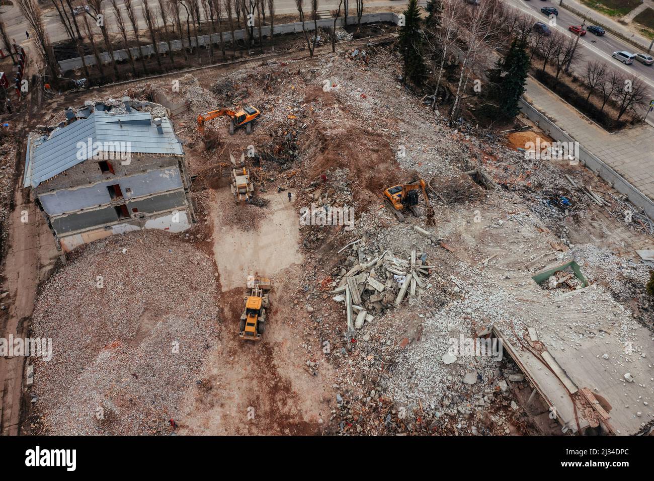 Aerial view of demolition site. Process of demolition of old industrial ...