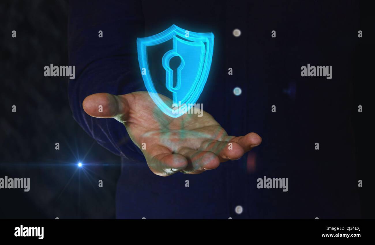 Cyber security, network protection and digital data with shield 3d ...