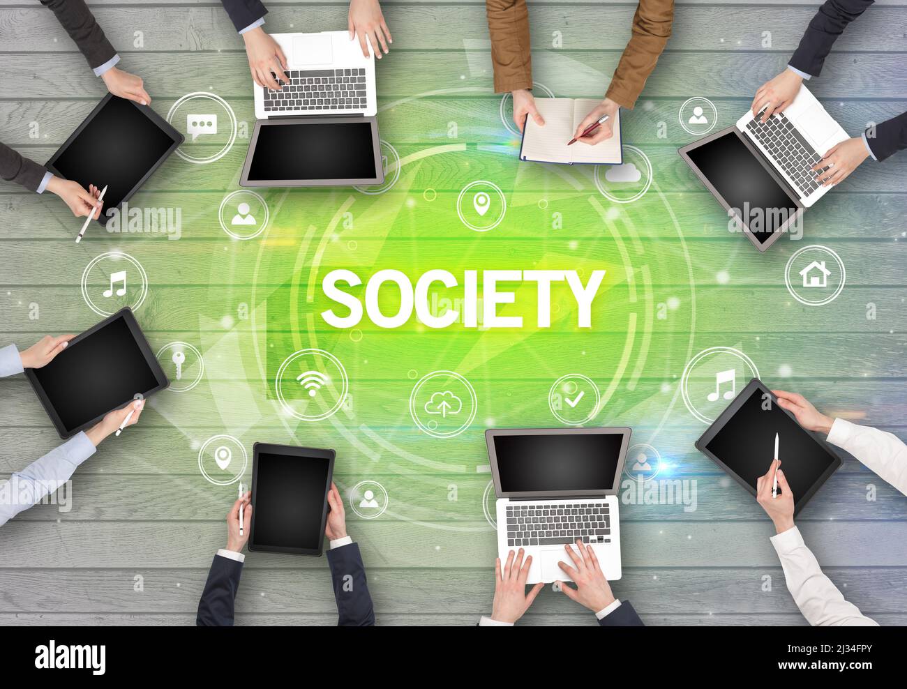 Group of people having a meeting with SOCIETY insciption, social ...
