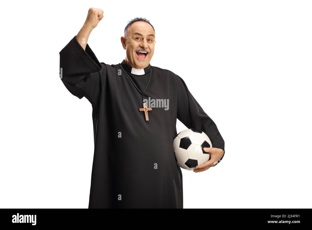 Happy priest football supporter holding a ball and cheering isolated on ...