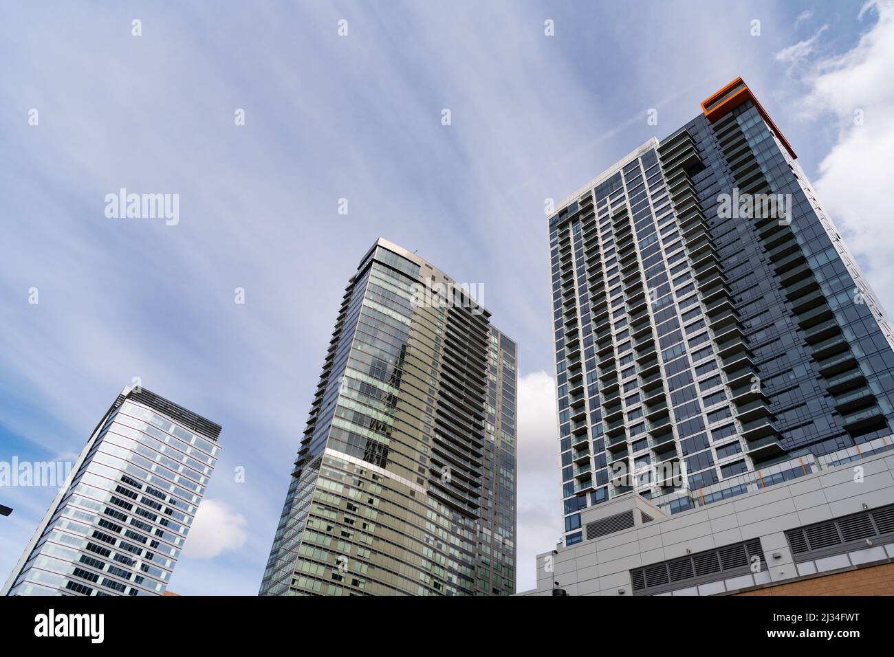 perspective of modern glassy skyscraper buildings. business center in ...