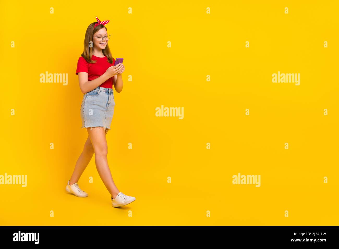 Full size photo of traveling little teen girl browsing fast speed in ...