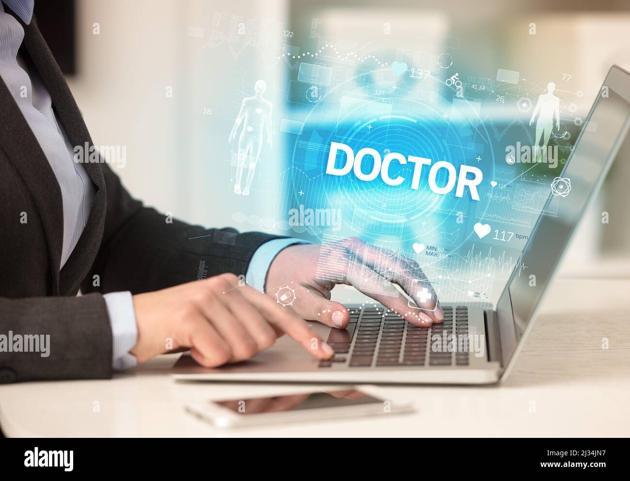 Doctor working a health check with DOCTOR inscription, recording ...