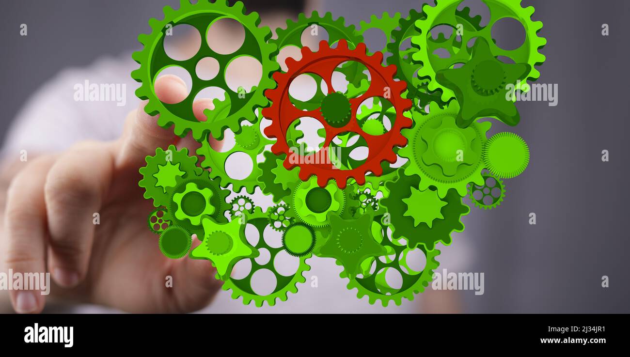 A 3D render of a hand pointing to the abstract mechanism gears Stock ...