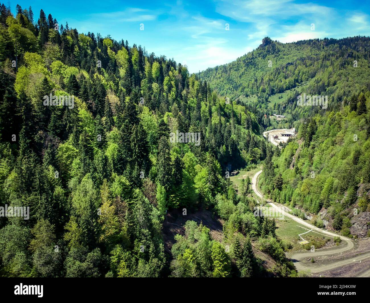 A beautiful view of the forest on the hill with a road against blue sky ...