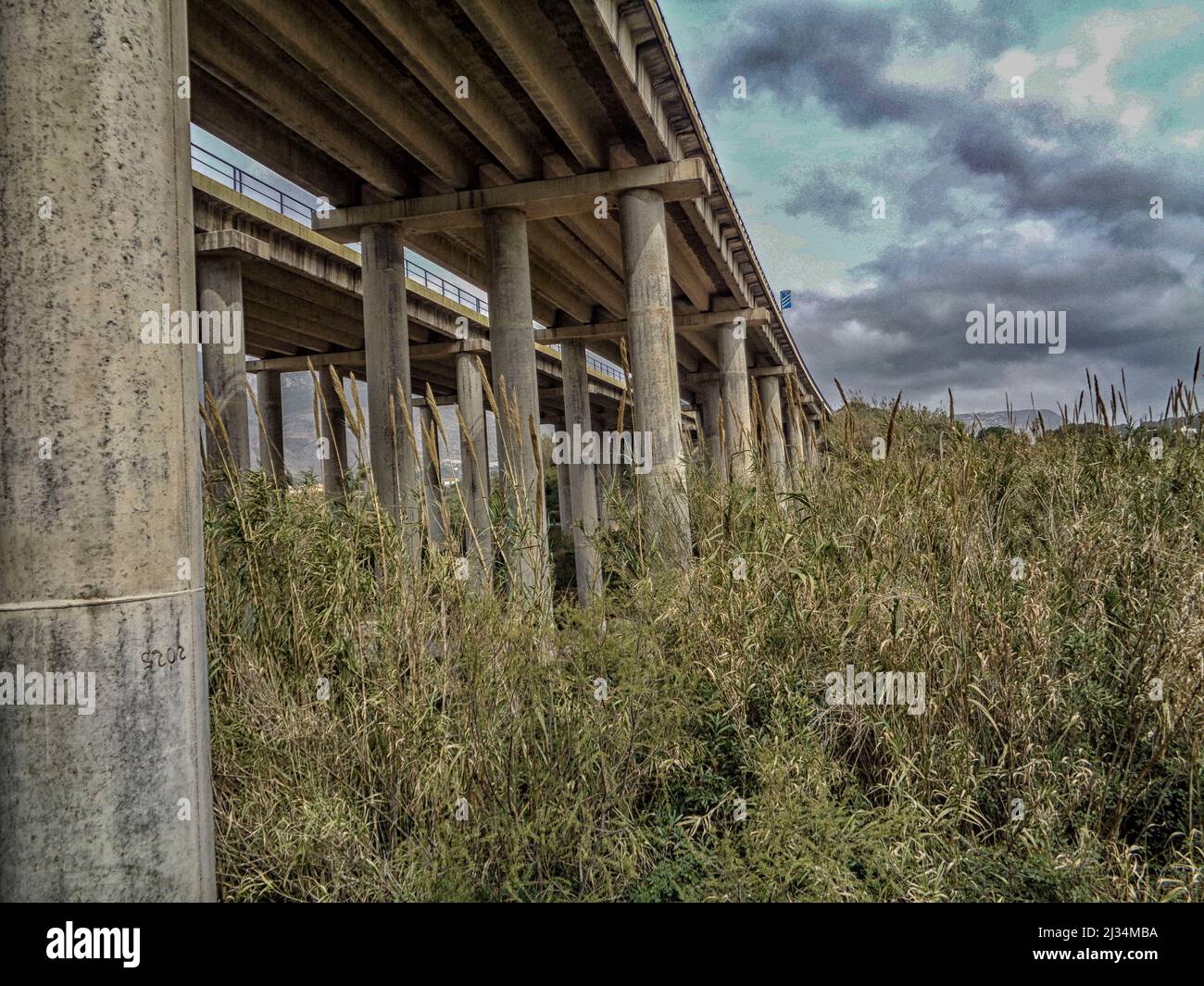 Semi-abstract architectural detail of road bridge columns surrounded by ...
