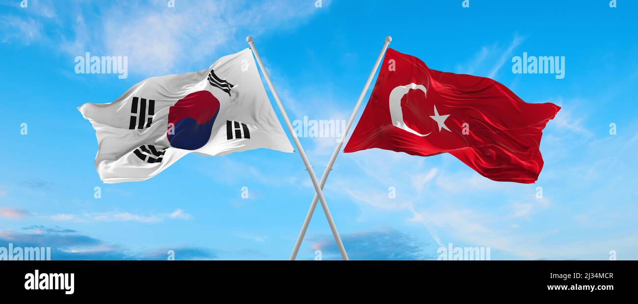 two crossed flags south korea and Turkey waving in wind at cloudy sky ...