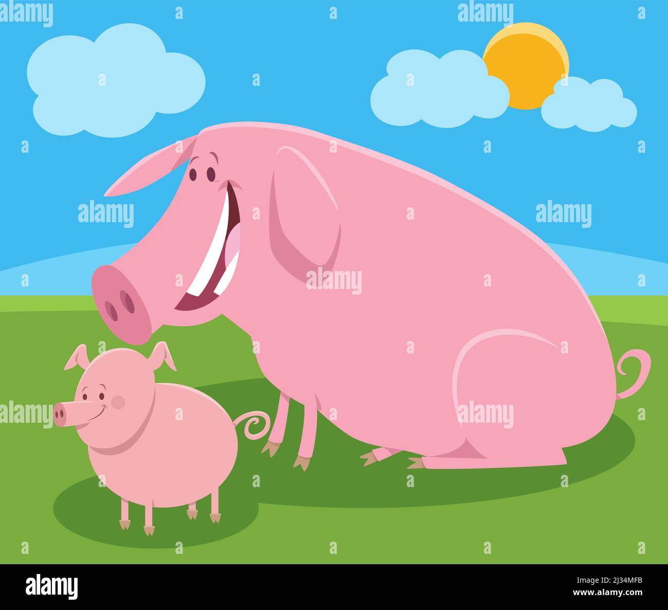 Cartoon illustration of funny pig farm animal character with cute ...