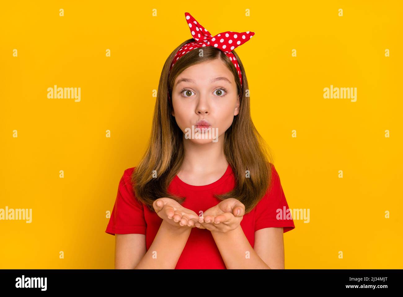 Portrait of adorable kind teenager little girl send you appreciation ...
