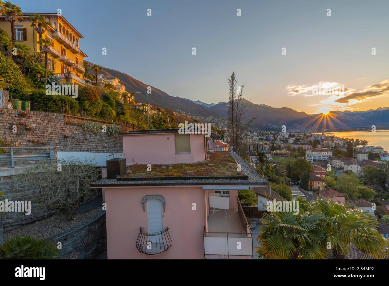 View over Maggiore lake and Locarno town in spring sunny color morning ...