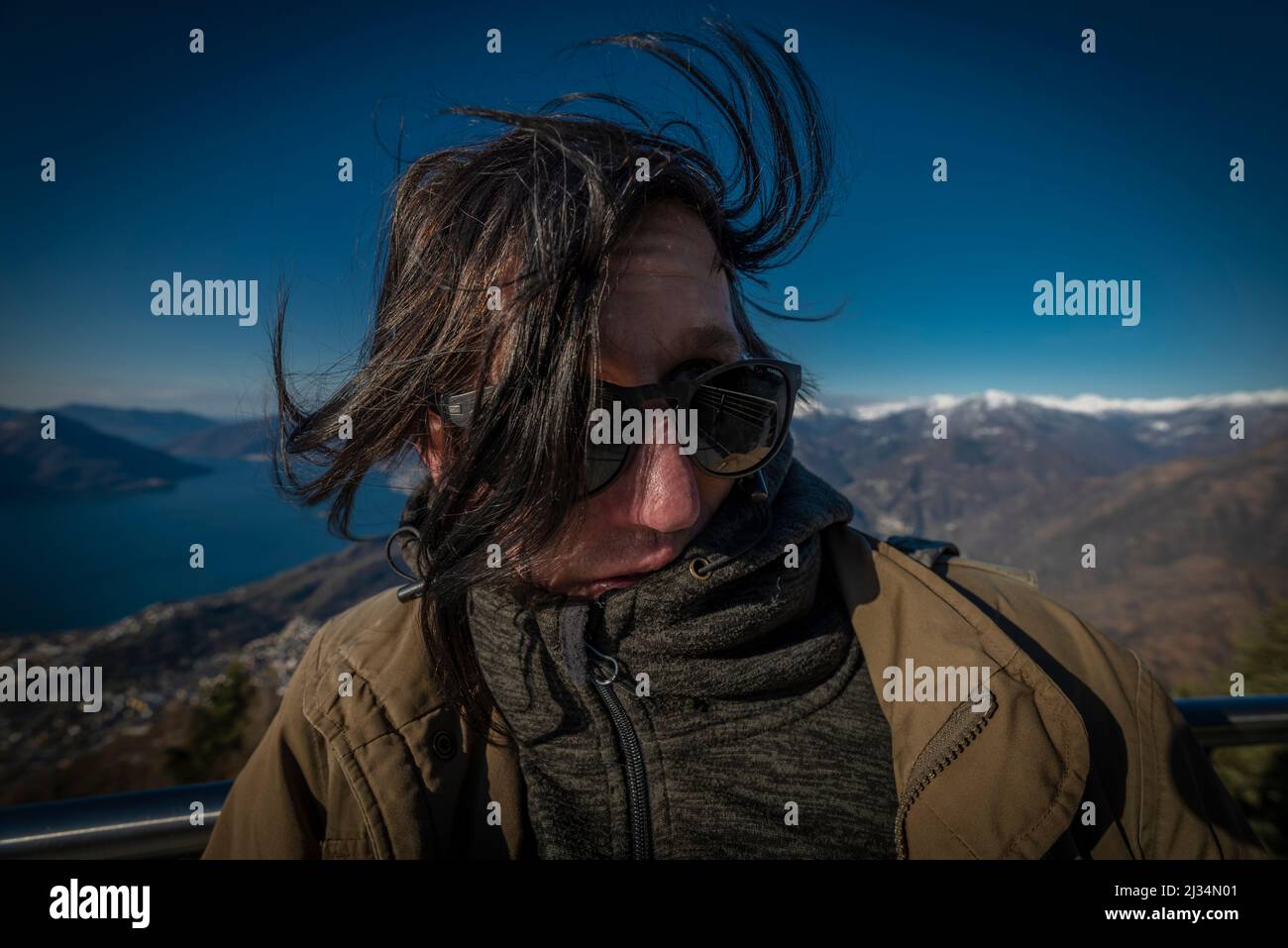 Cardada panoramic view over Maggiore blue lake in spring sunny blue ...