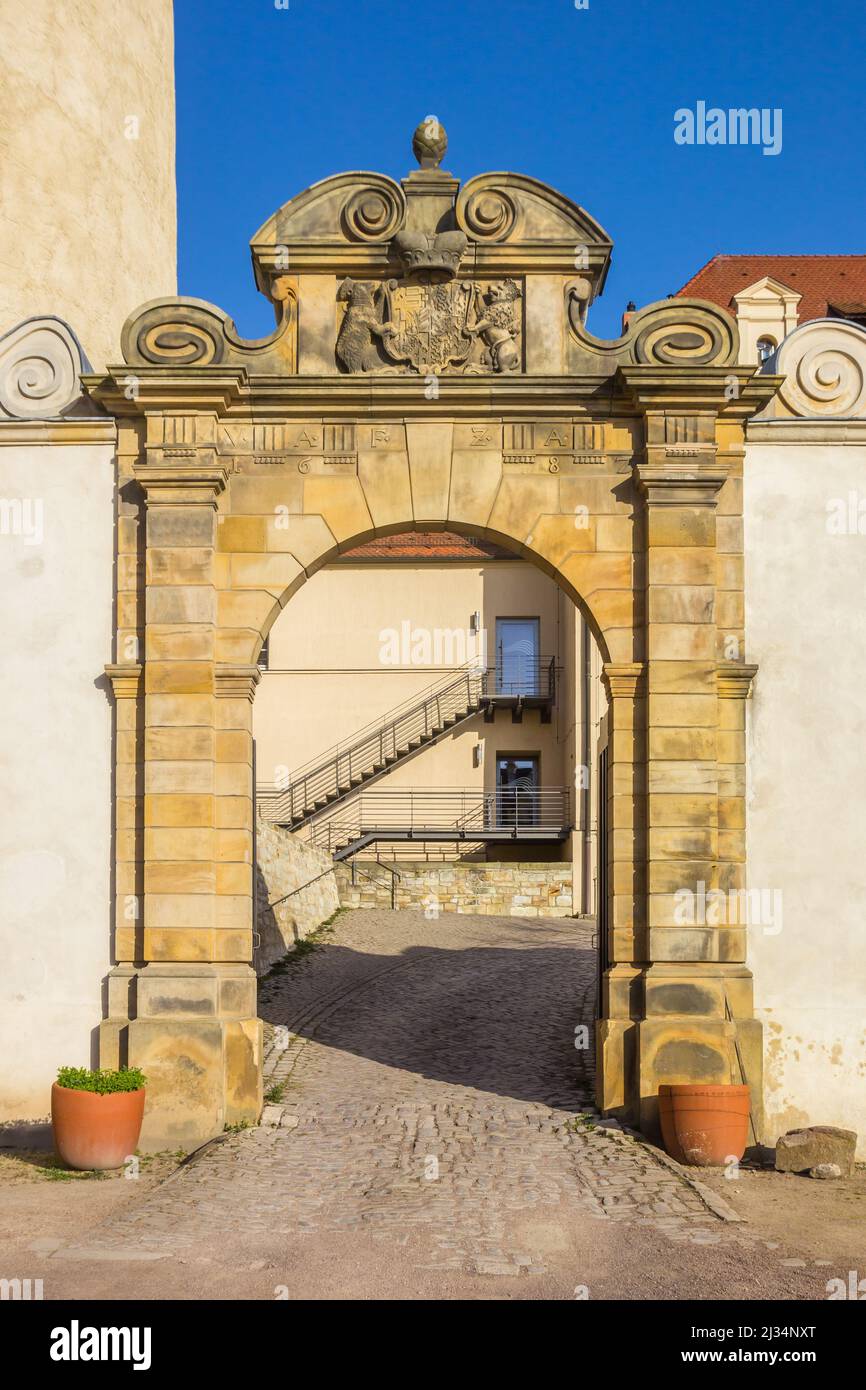 Entrance gate in the surrounding wall of the castle in Bernburg ...