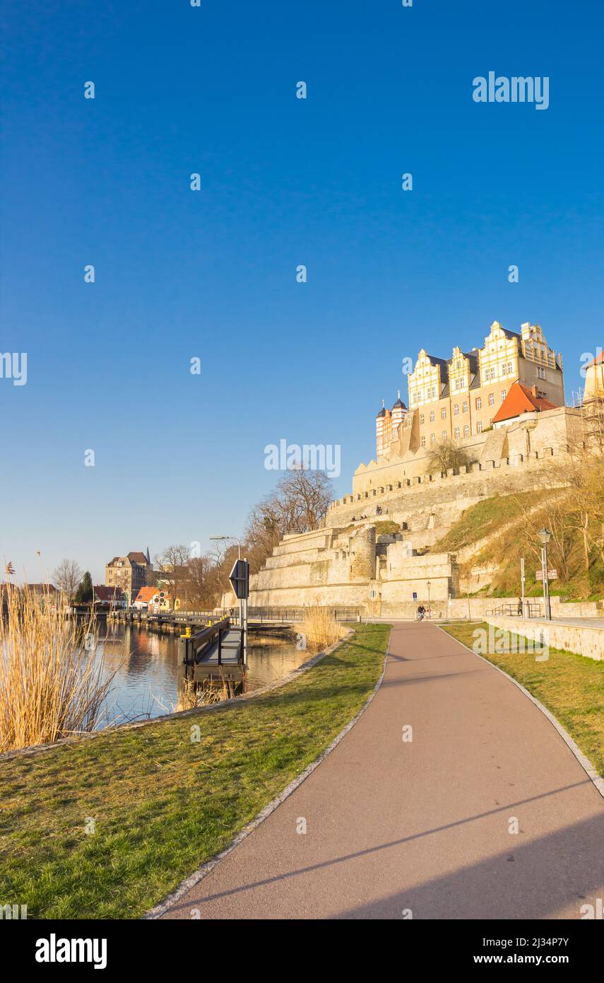 Bicycle path on the riverside promenade in Bernburg, Germany Stock ...