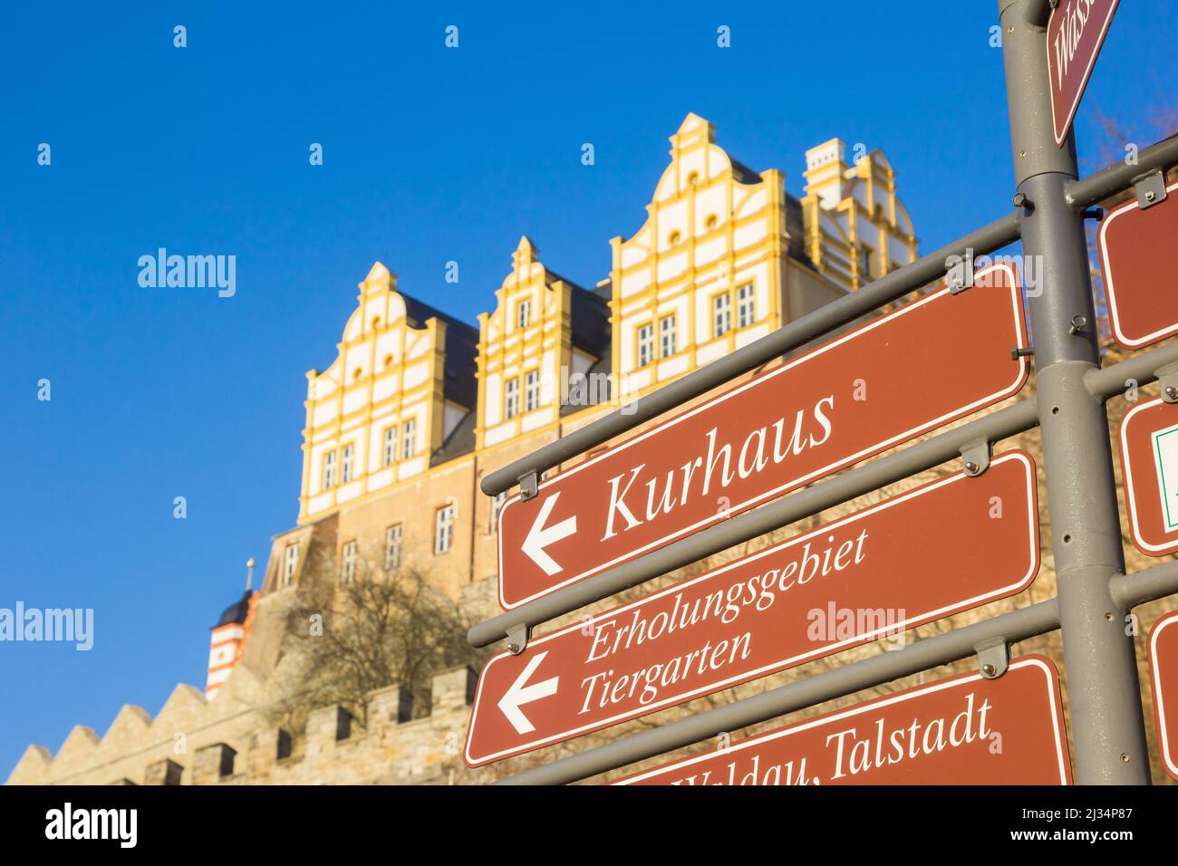 Tourist information sign in front of the castle in Bernburg, Germany ...