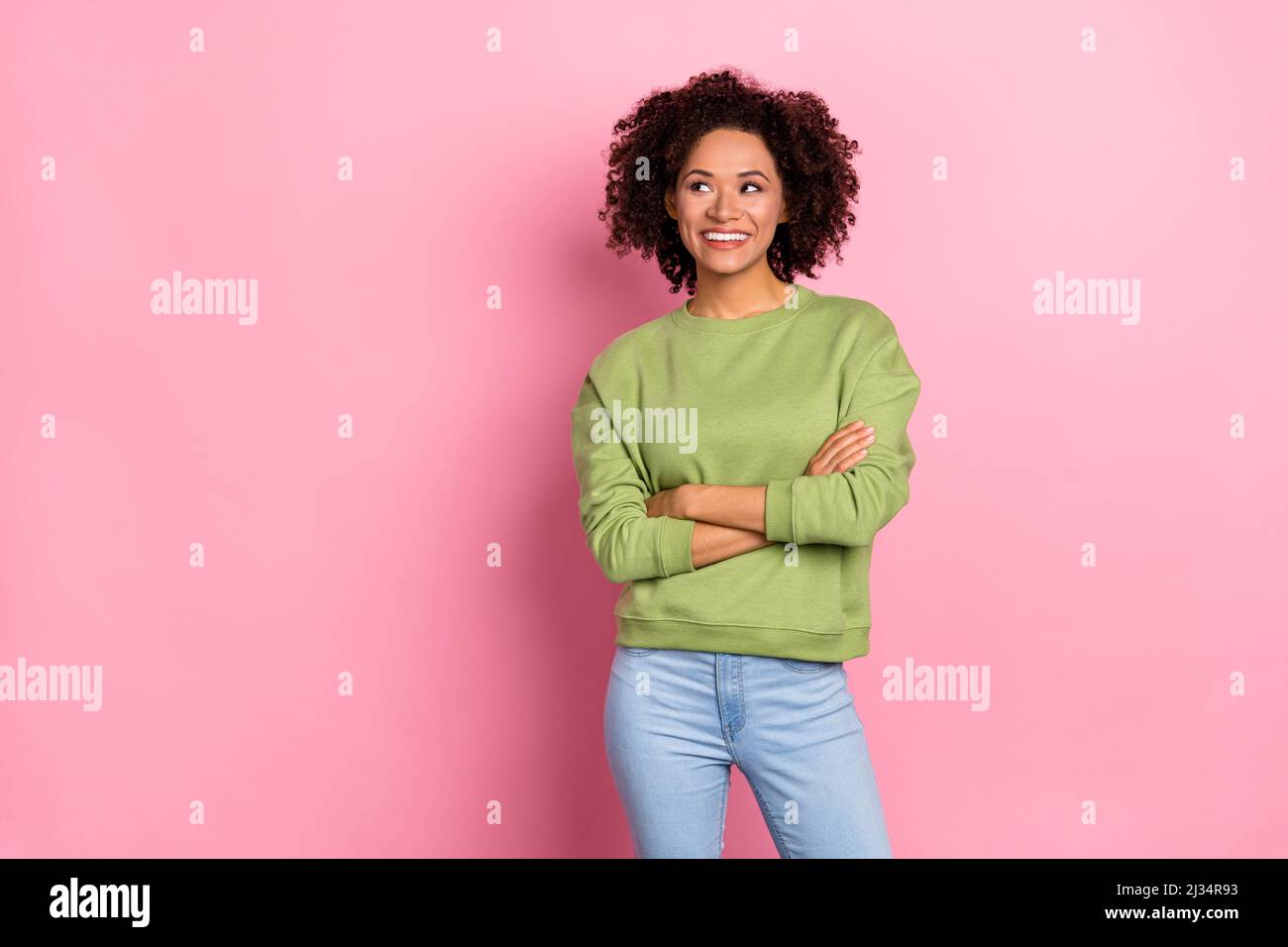 Photo of young lovely girl folded hands wonder look empty space ...