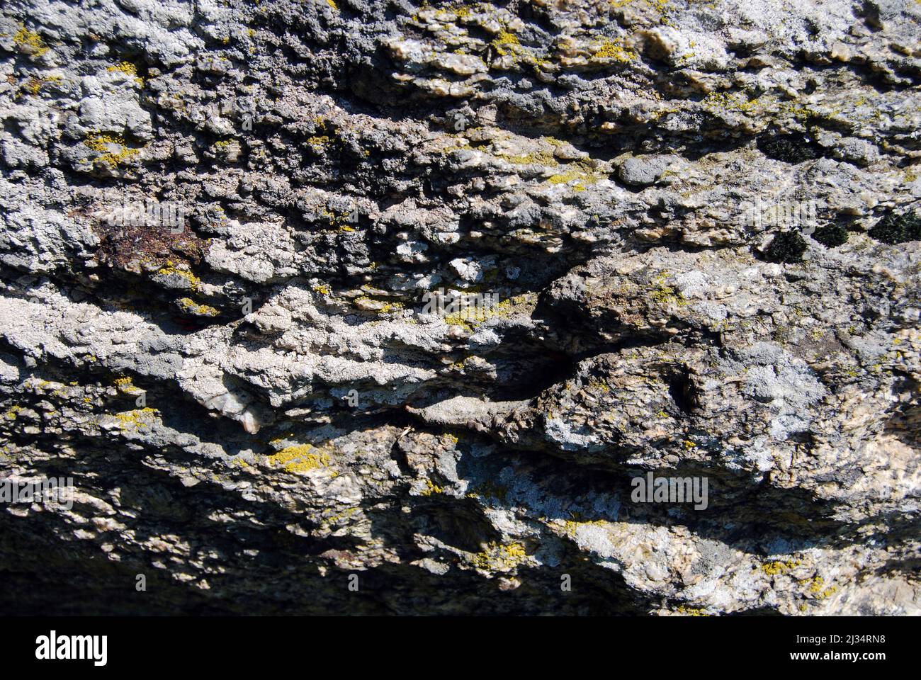 Stone rock with fragments of moss and lichen. Details of the stone rock ...