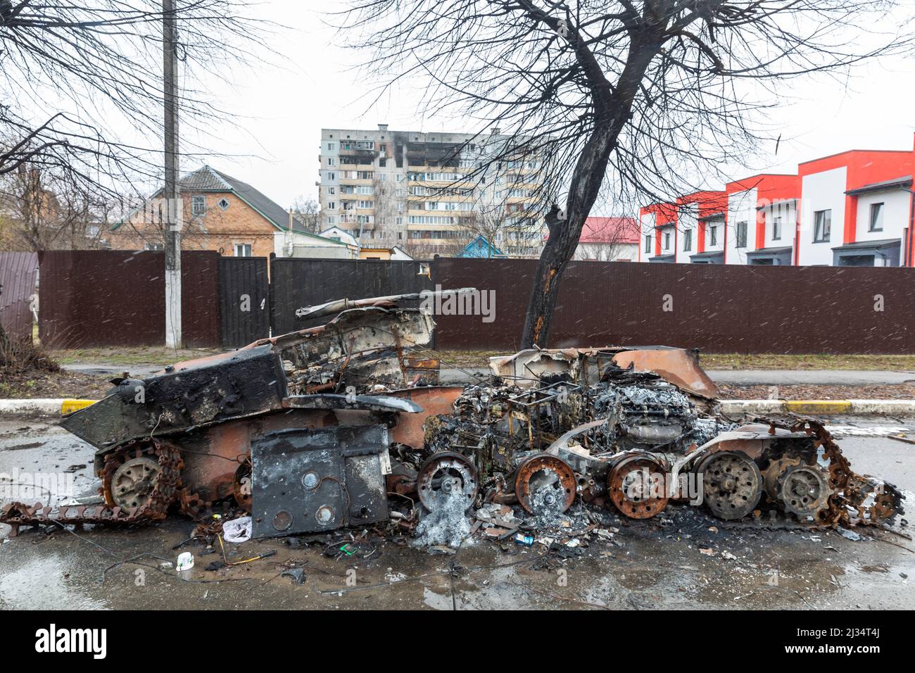 Bucha, Ukraine. 03rd Apr, 2022. Destroyed occupant fighting vehicle as ...