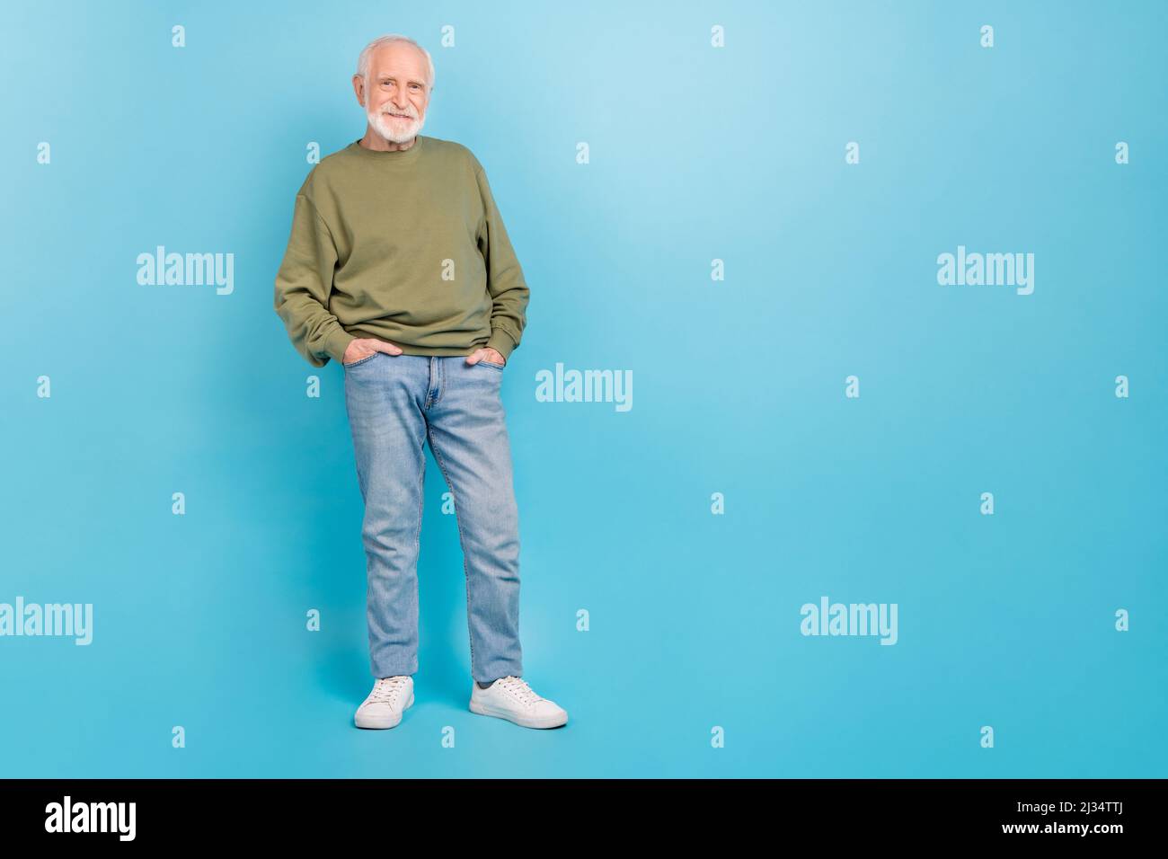 Full length body size view of attractive cheerful grey-haired man ...