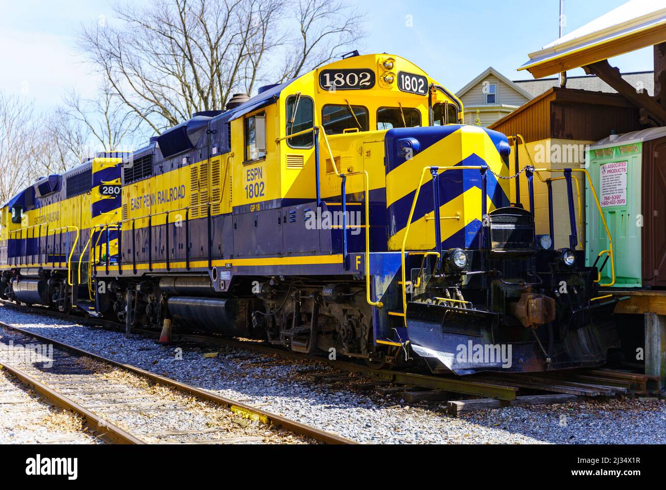 Reinholds, PA, USA - April 2, 2022: The East Penn Railroad locomotives are parked at the ...
