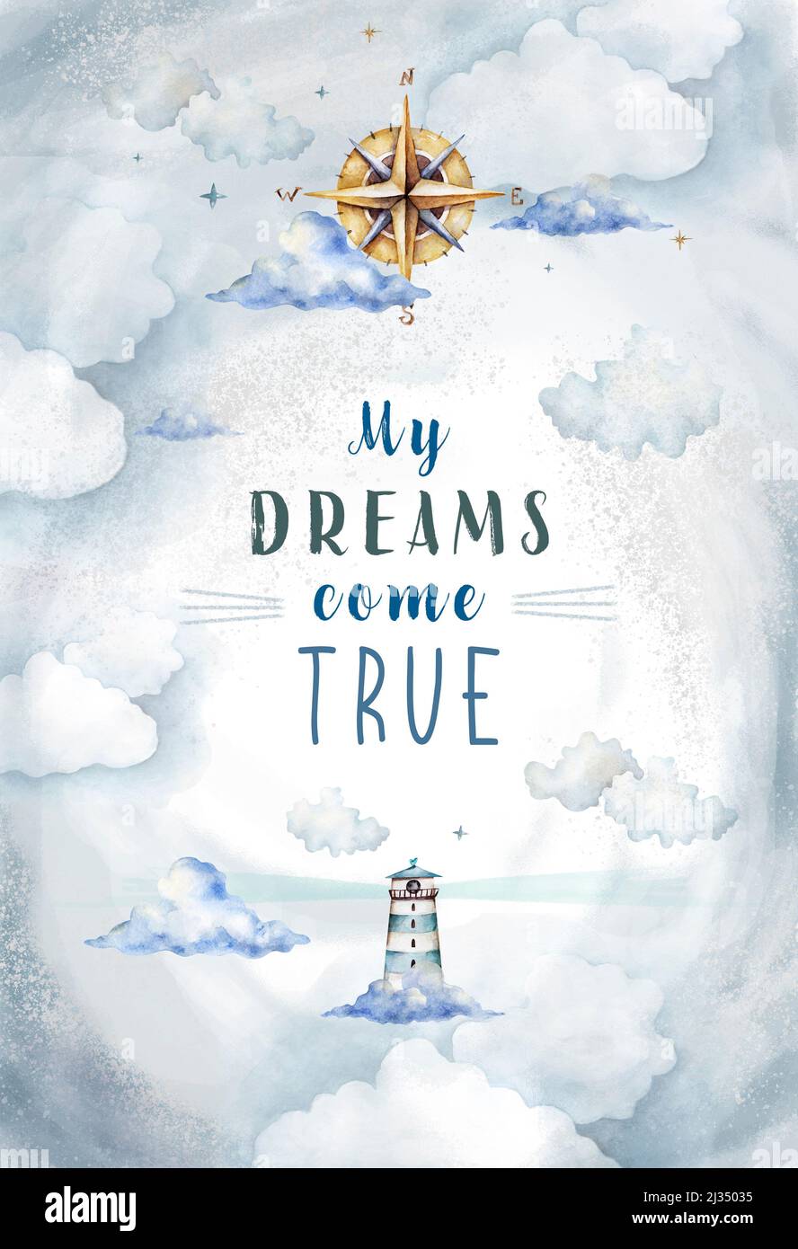 greeting card, watercolor, dreams, lighthouse, compass, clouds, follow ...
