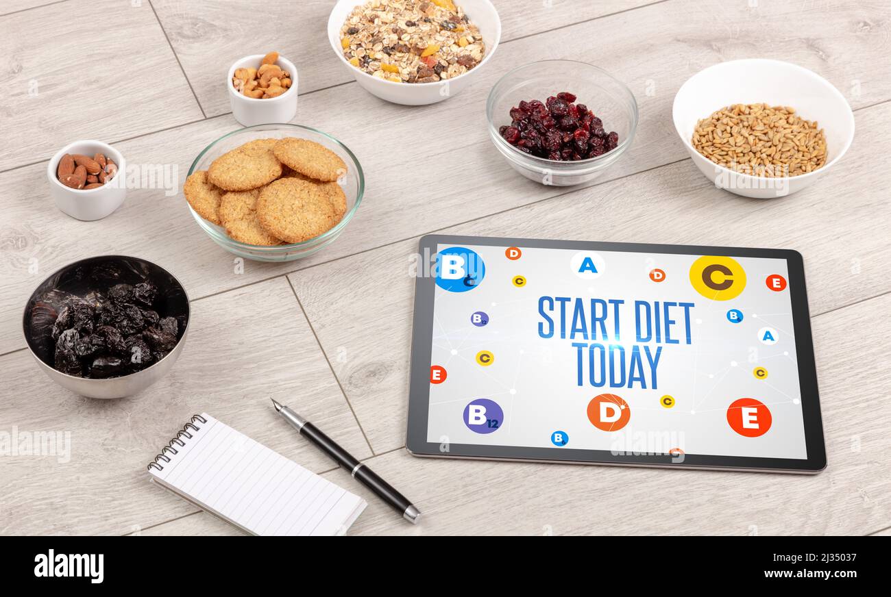 Healthy Tablet Pc compostion with START DIET TODAY inscription, weight ...