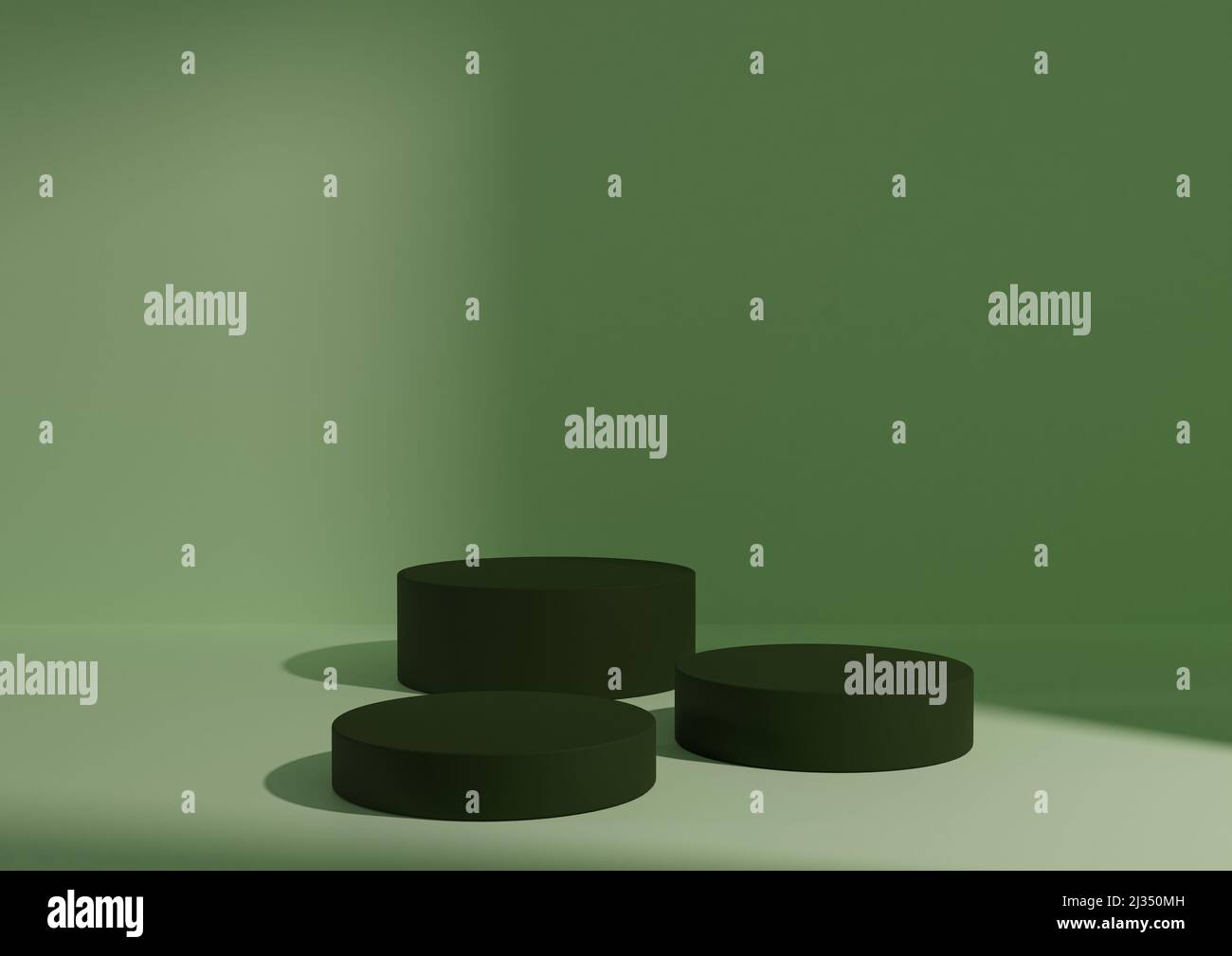 Three dark green podiums or stands on pastel, light green background ...