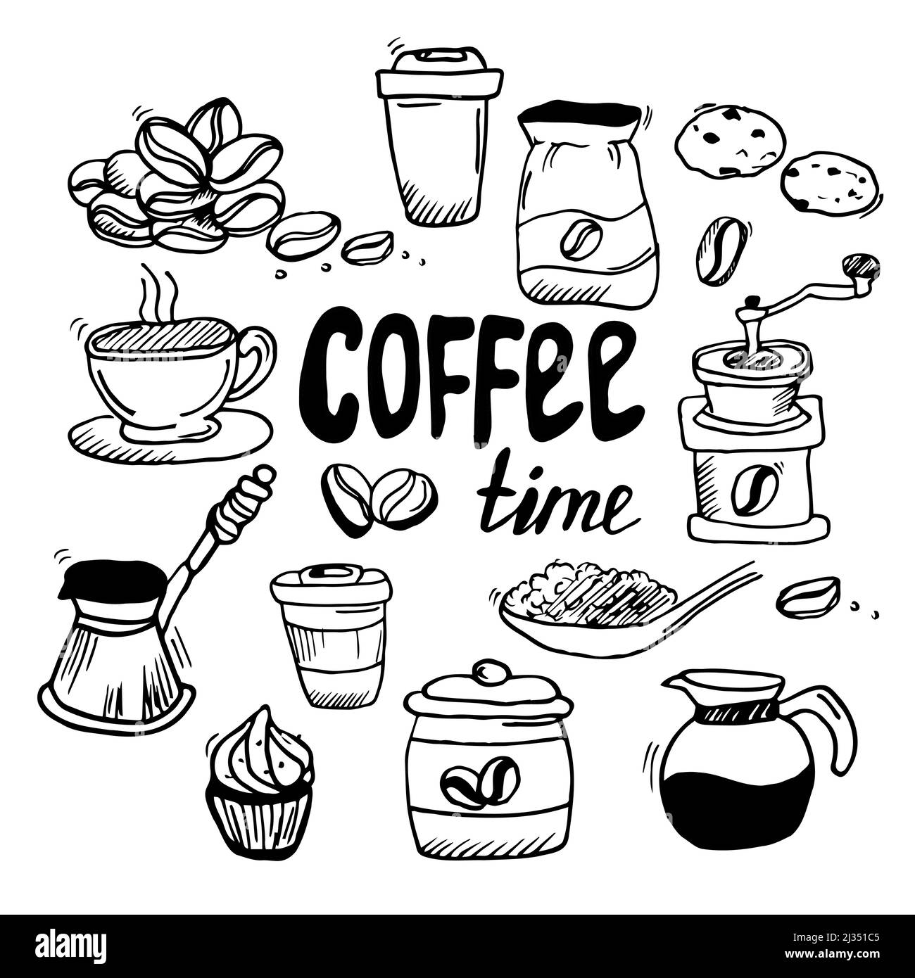 Large set of hand drawn coffee doodles: drinks, desserts, beans and ...
