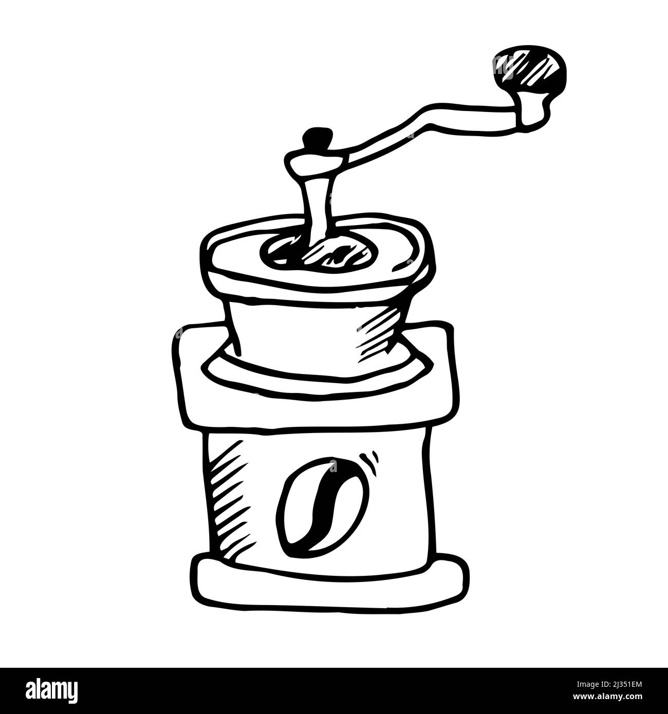 Classic coffee grinder in woden case. Doodle coffee grinder icon in ...