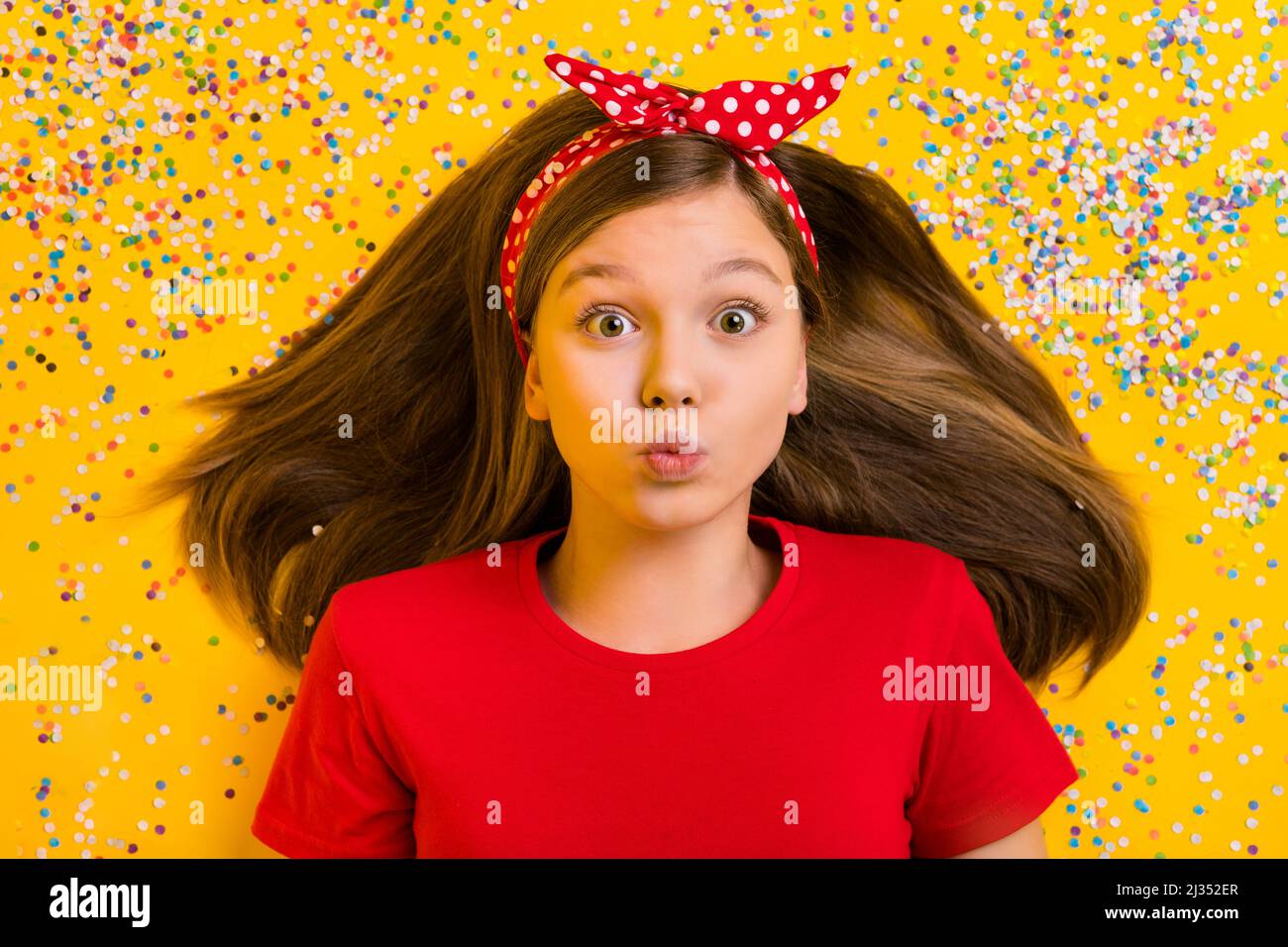 Top view portrait of cute pretty positive girl pout lips kiss flirty ...