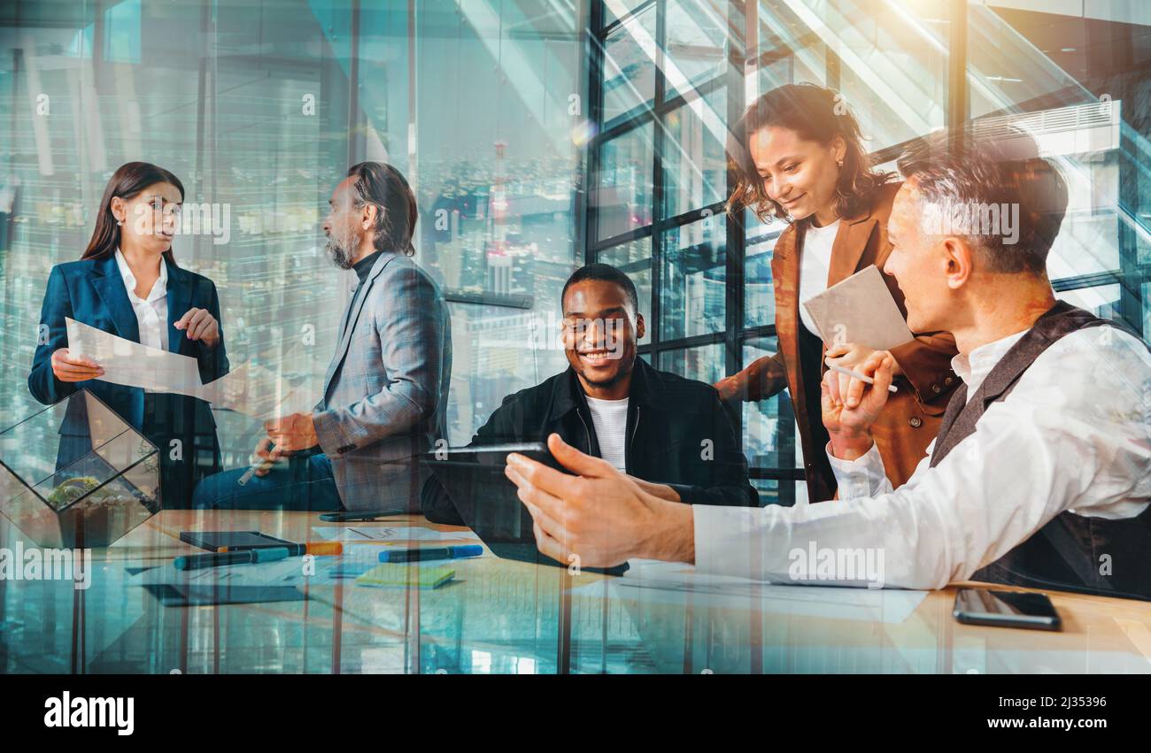 Group of business people have a meeting about company stats Stock Photo ...