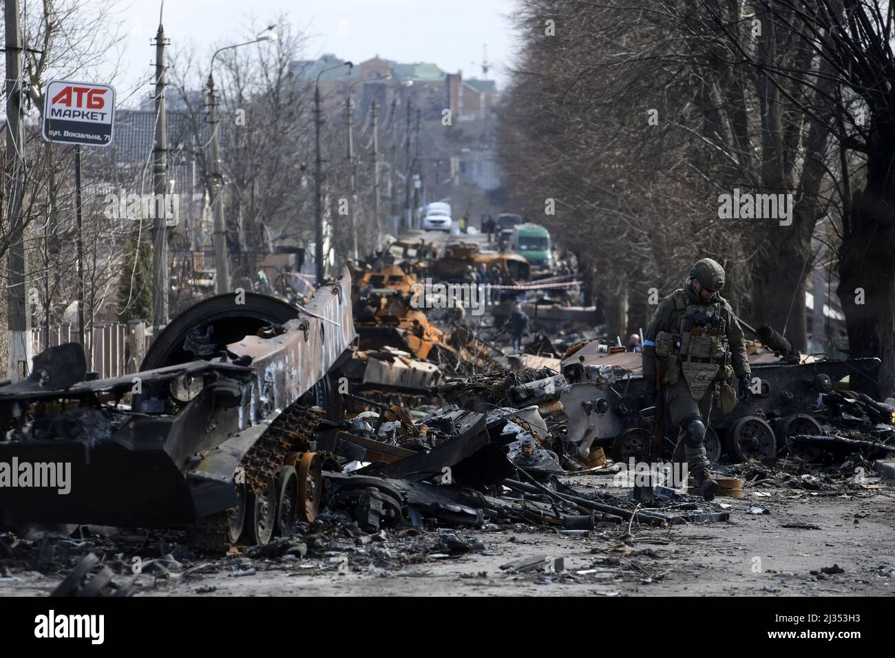 Bucha, Ukraine. 05th Apr, 2022. Destroyed Russian military machinery ...