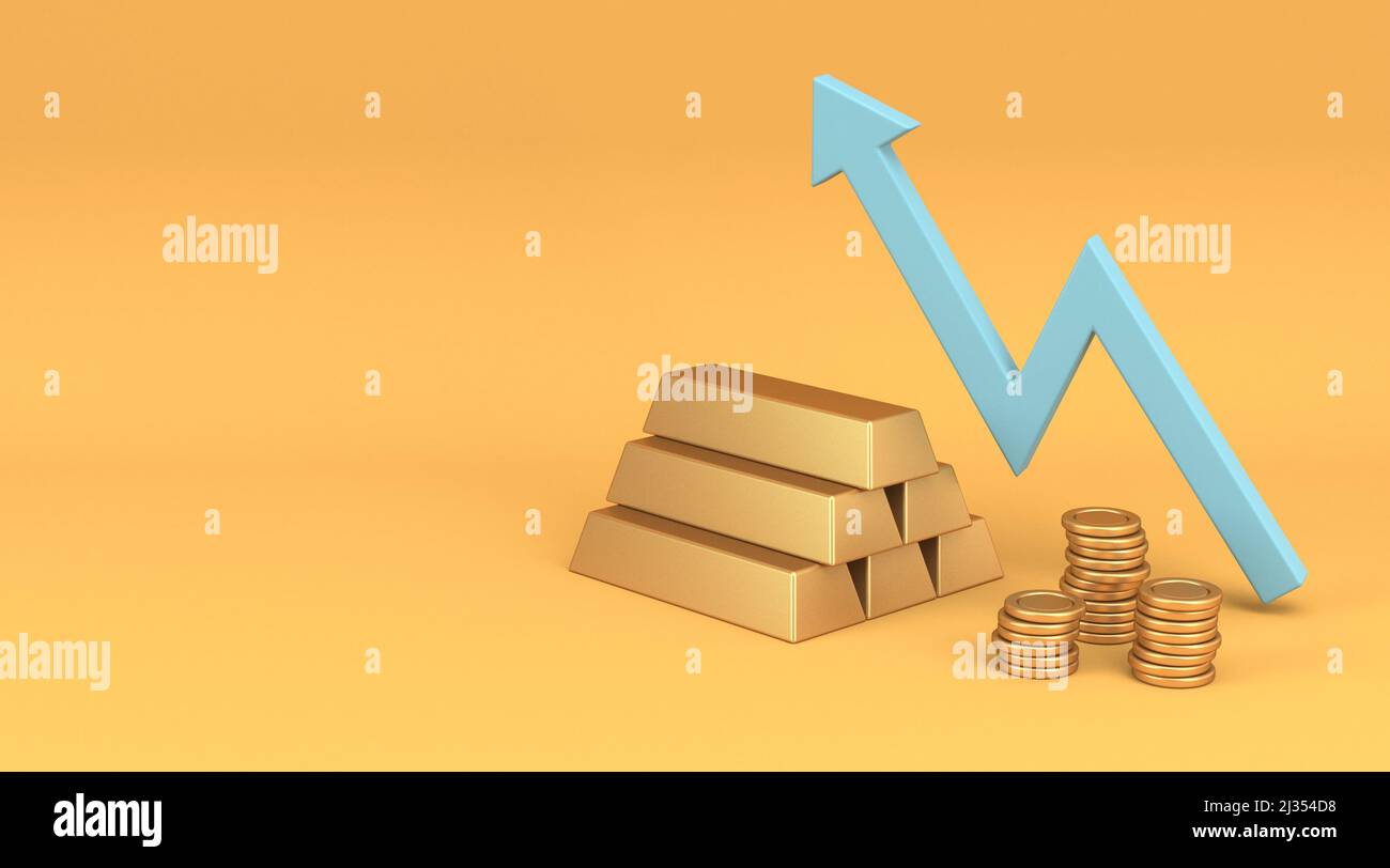 Blue uptrend chart with gold bars and money 3D rendering illustration ...