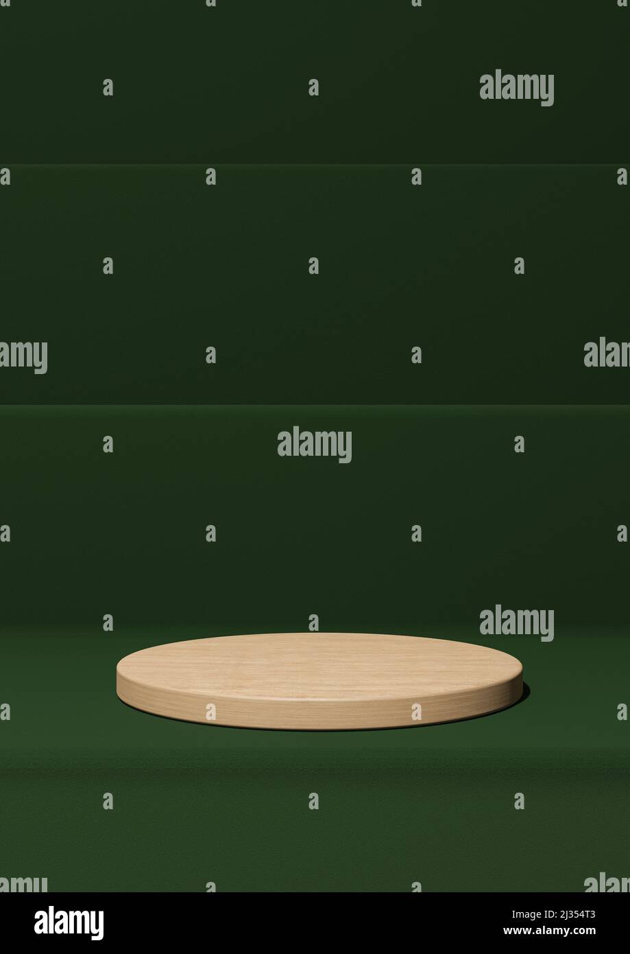 Dark, warm green 3D rendering simple product display, minimal background with podium wooden ...