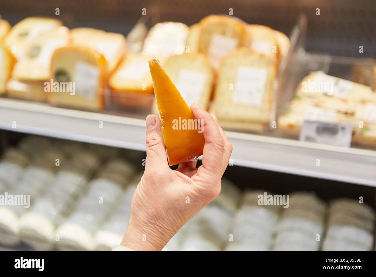 Hand of a customer holding a piece of organic local cheese or specialty ...