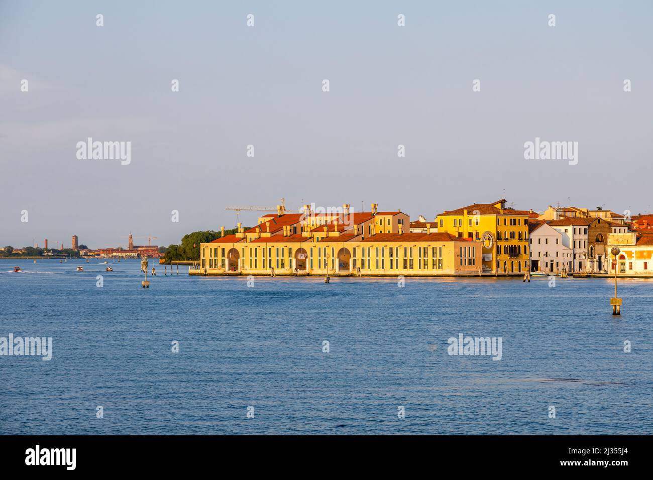 View of the shoreline of Venice Lagoon on the approach by rail on the ...