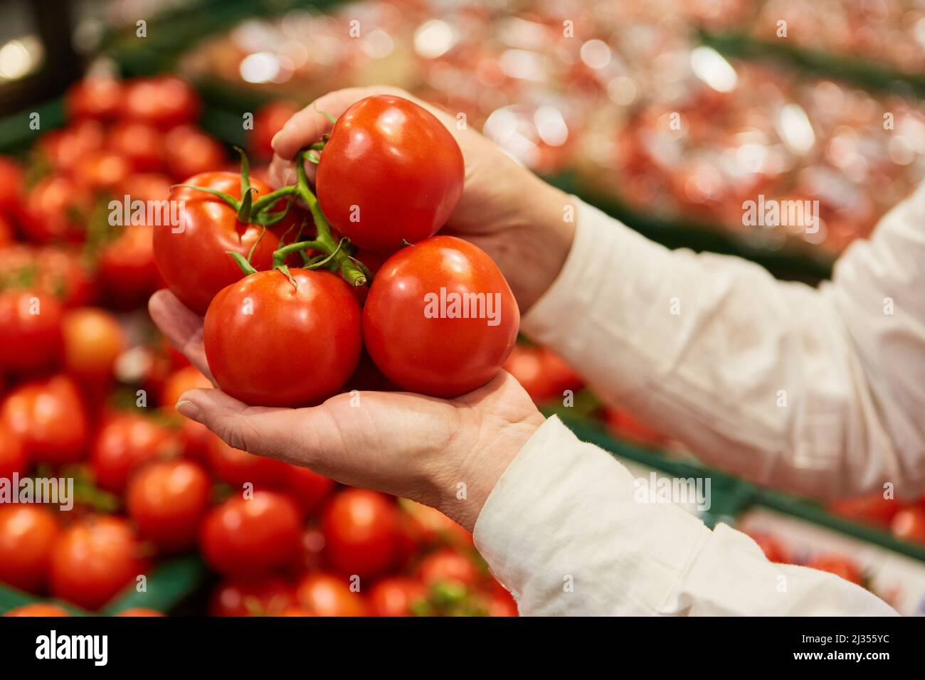 A customer's hand holds fresh tomatoes while shopping in the fruit ...