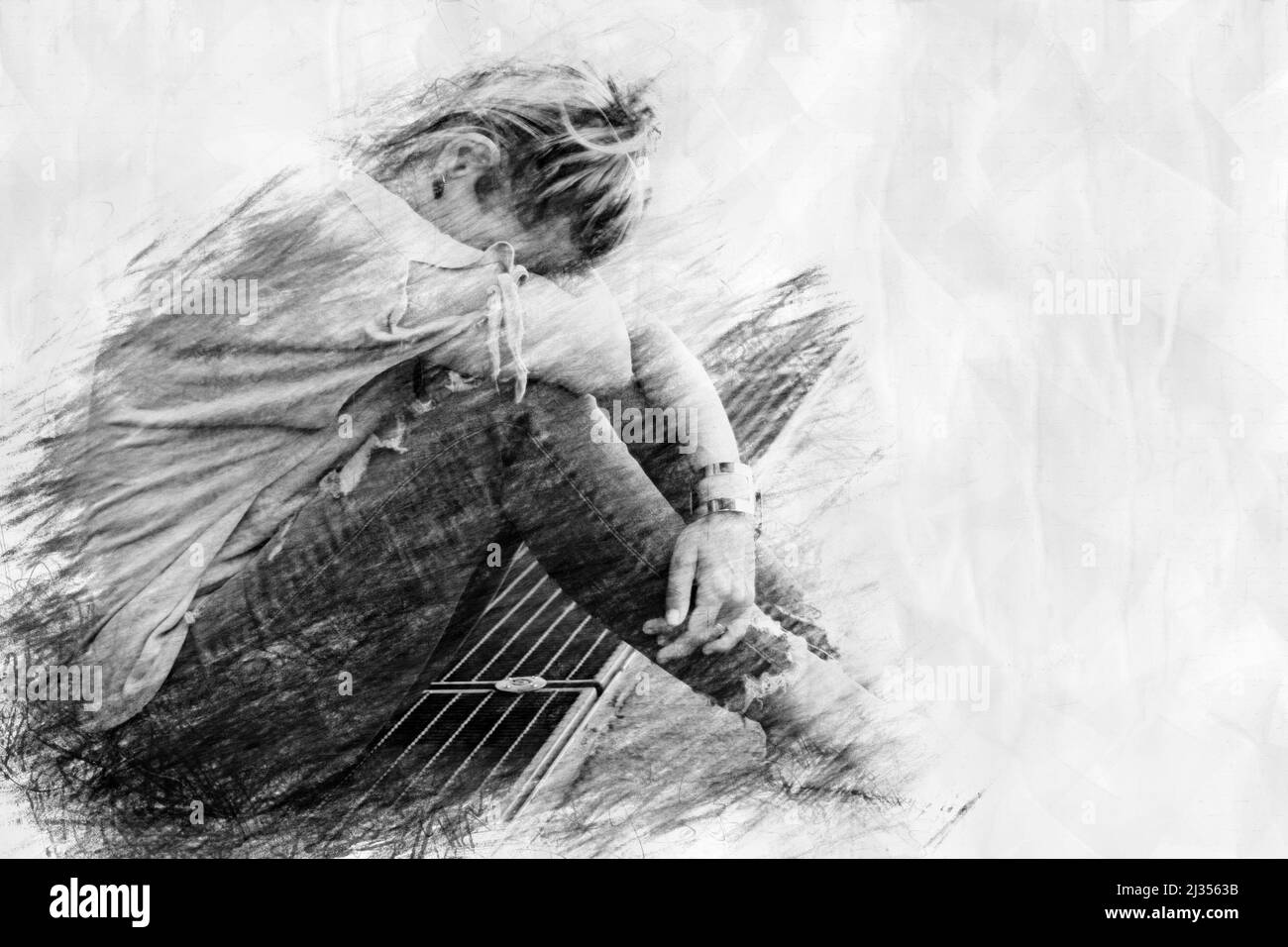 woman sitting on floor with head hiding in pencil drawing style Stock ...