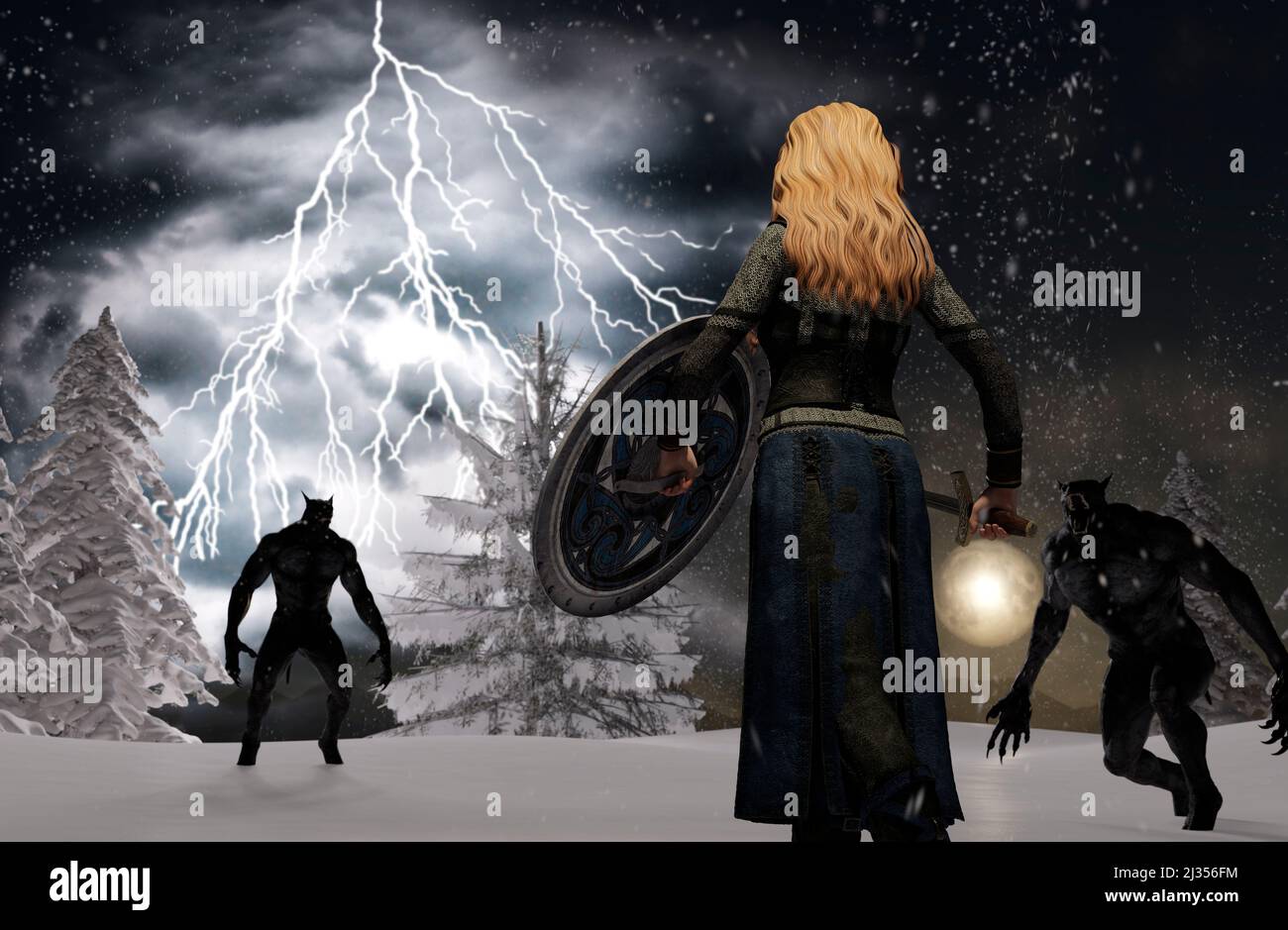 Blond woman Viking warrior with sword and shield fighting two ...