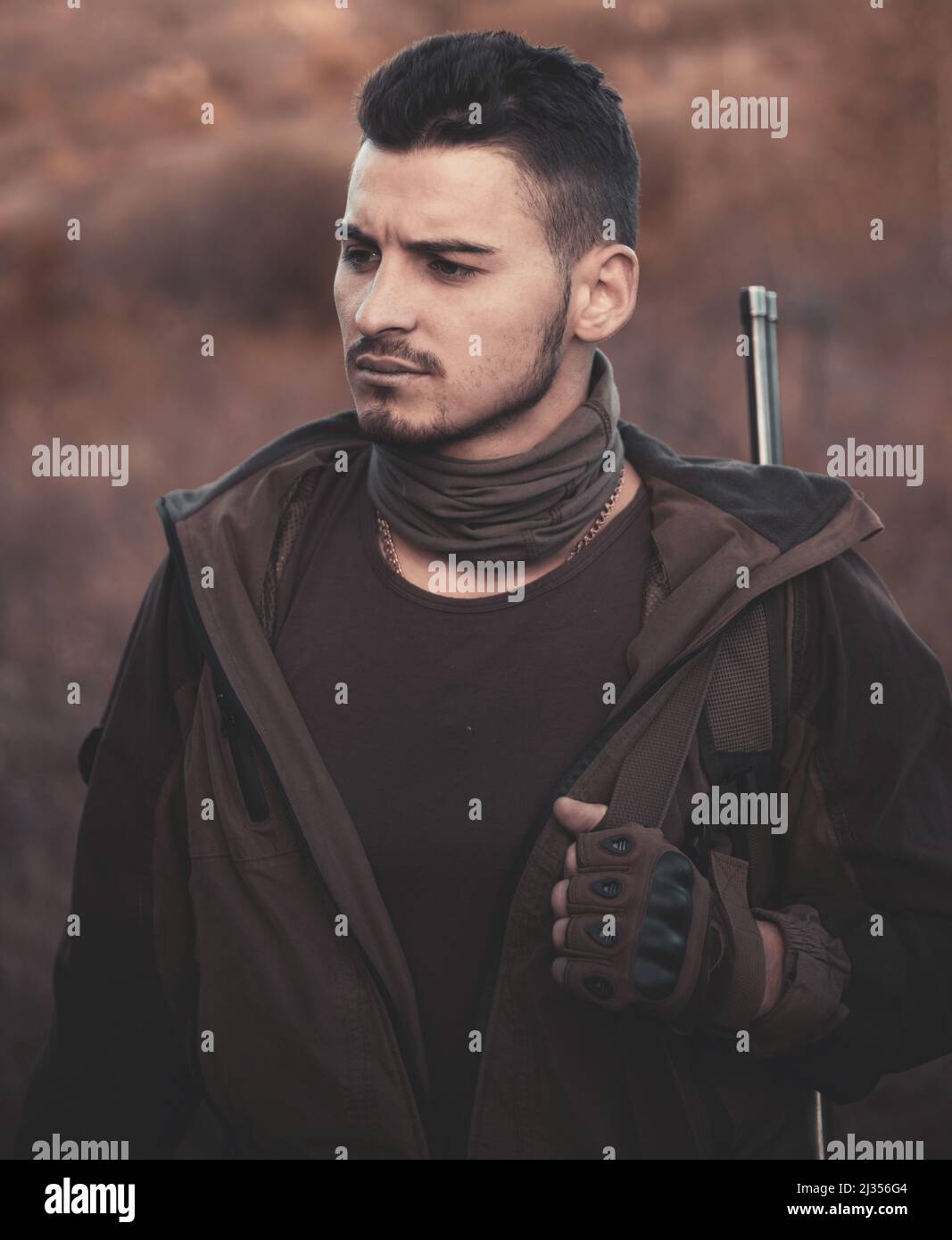 Close up Portrait of hamdsome Hunter. Hunter with shotgun gun on hunt ...